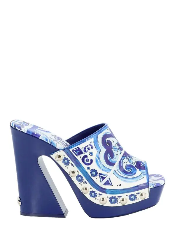 Dolce & Gabbana Maiolica Print Shiny Leather Platform Sandals - Blue