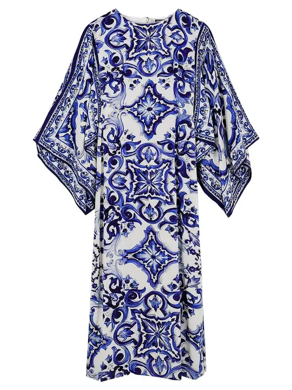 Dolce & Gabbana Stretch Silk Long Dress With Maiolica Print - Blue