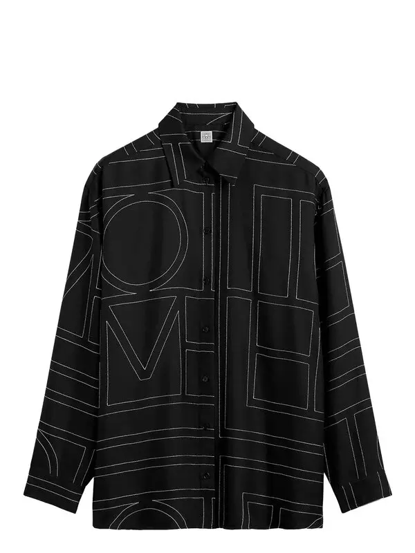 TOTEME Monogram Embroidered Organic Silk Shirt - Black