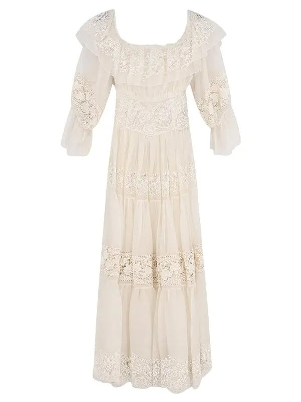 Dolce & Gabbana Allover Floral Embroidery Silk Blend Dress - White