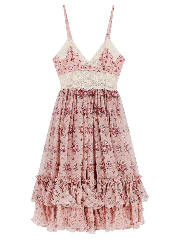 Dolce & Gabbana Floral Print Chiffon Dress With Lace Inserts - Pink