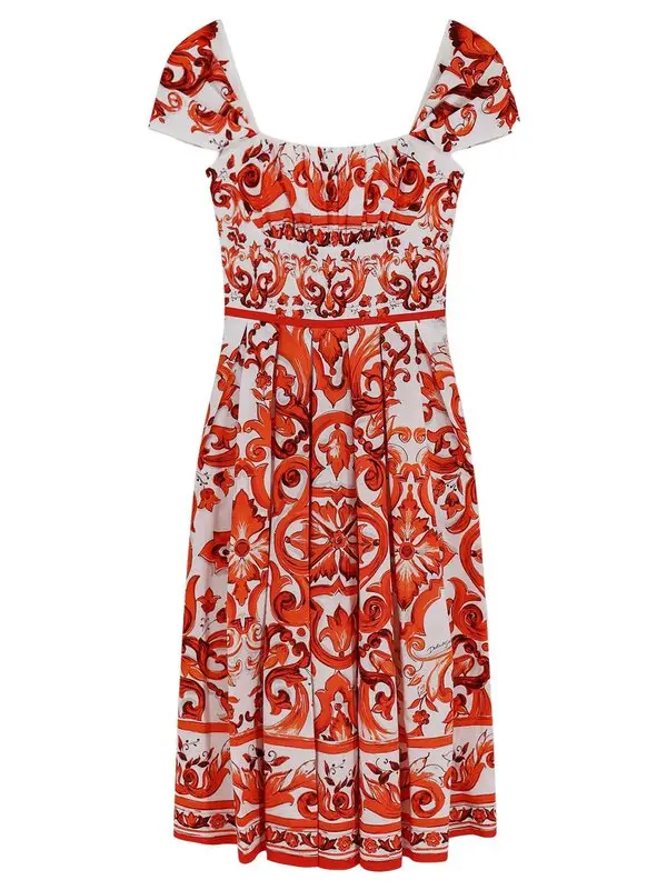 Dolce & Gabbana Cotton Dress With Maiolica Print - Orange