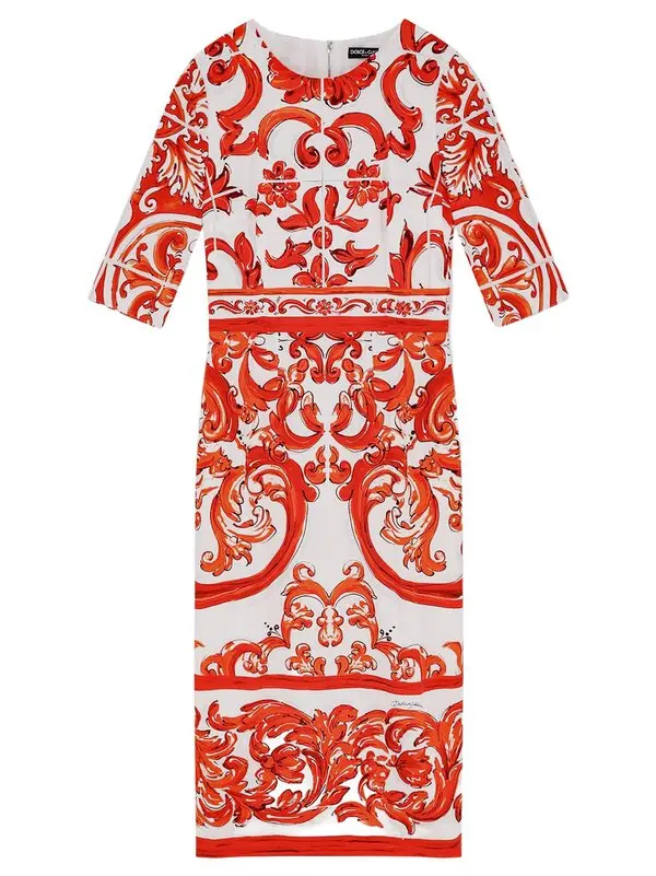 Dolce & Gabbana Silk Long Dress With Majolica Print - Orange
