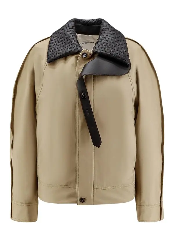 Bottega Veneta Cotton Jacket With Intrecciato Leather Collar - Beige