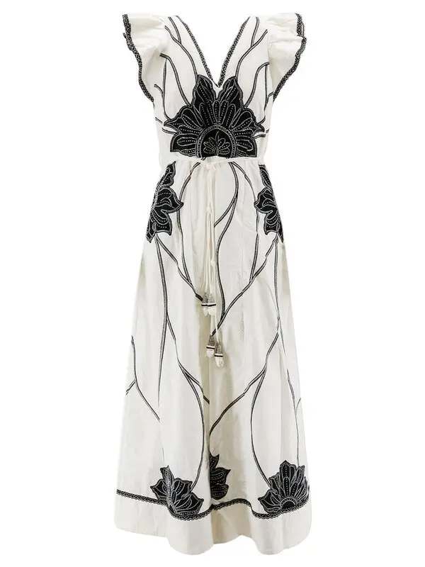 SCARLETT POPPIES Vittorio Cotton Long Dress With Floral Appliqués - White