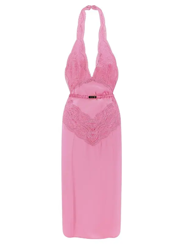 Gucci Silk Satin Midi Dress With Lace Trim - Pink