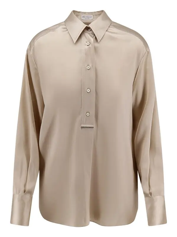 Brunello Cucinelli Silk Shirt With Monili Detail - Beige
