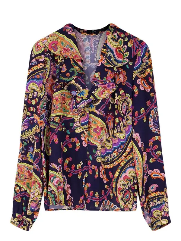 Etro Viscose Shirt With Ruffled Neckline And All-over Print - Multicolor
