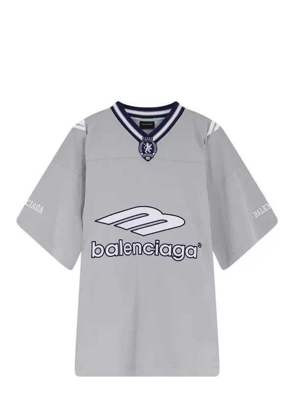 Balenciaga Oversized V-neck Embroidered Logo T-shirt - Grey