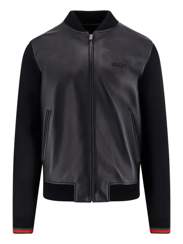 Gucci Leather And Wool Zip-up Jacket With Web Detail - Black