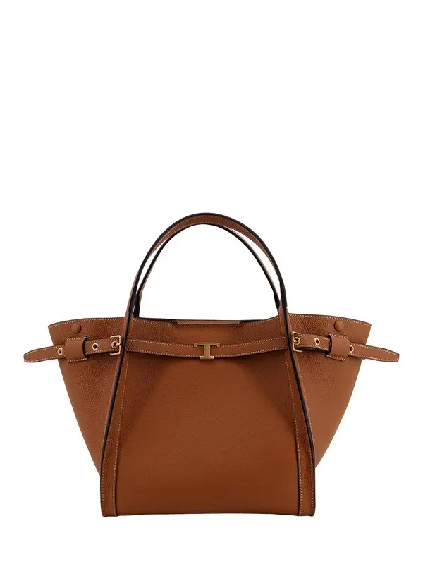 TOD'S Hammered Leather Shopping Bag With Metal Timeless T Logo - Brown