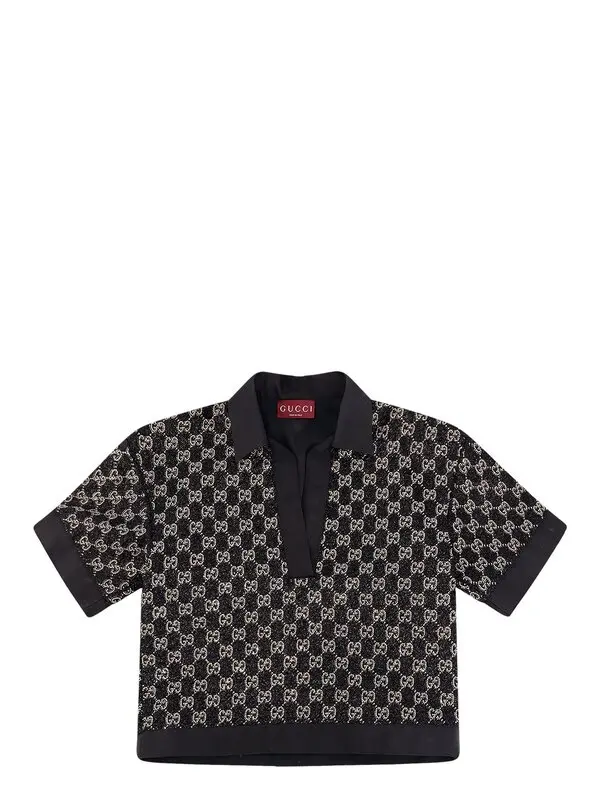 Gucci Lightweight Lamé Wool Tweed Top With Gg Crystal Embellishments - Black
