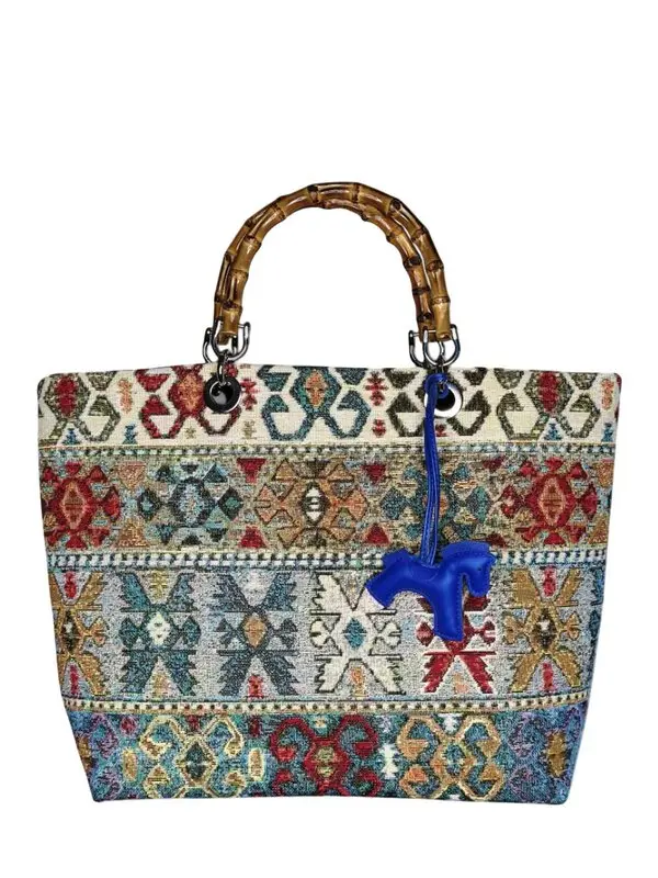 RUJ HERITAGE Maxi Tote Bag In Jacquard With Bamboo Handles - Blue