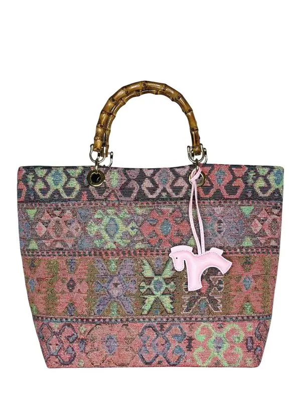 RUJ HERITAGE Jacquard Tote Bag With Bamboo Handles - Pink