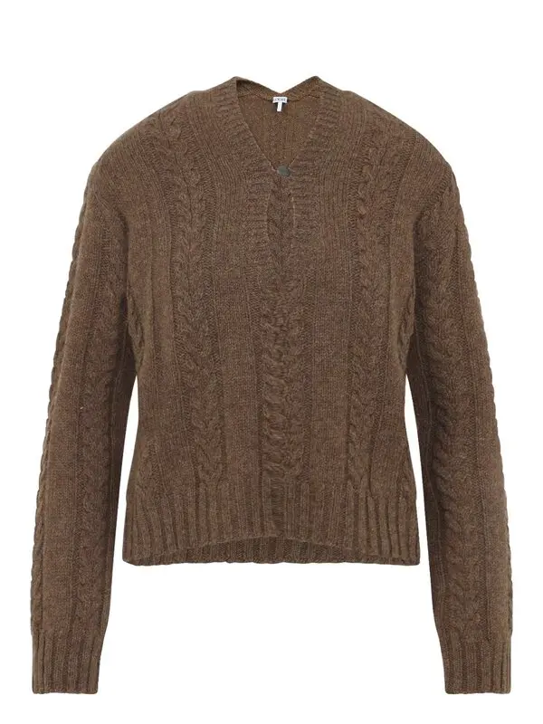 Loewe Wool Cable-knit V-neck Sweater With Cut-out Detail - Brown