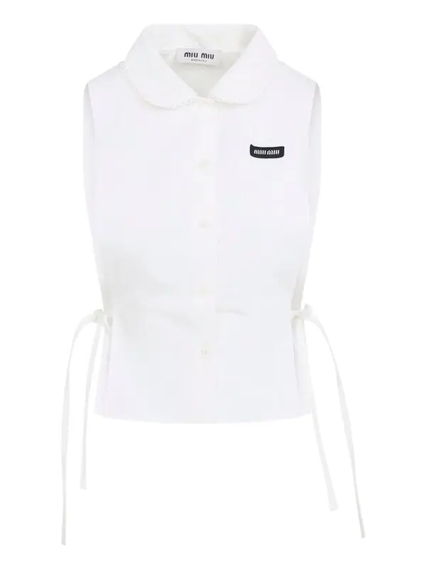 Miu Miu Sleeveless Cotton Poplin Shirt With Tie Detail - White
