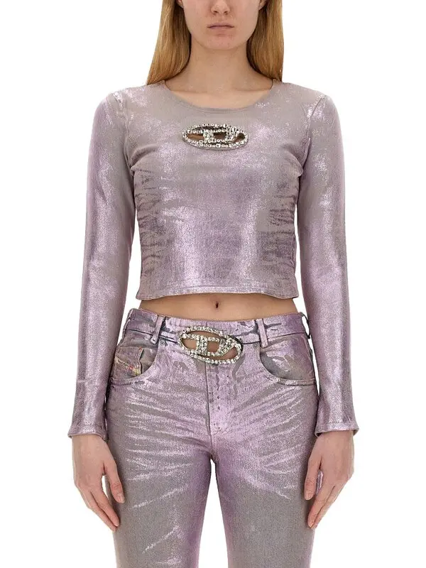 DIESEL® Cropped Long Sleeve T-shirt With Embellishment - Pink