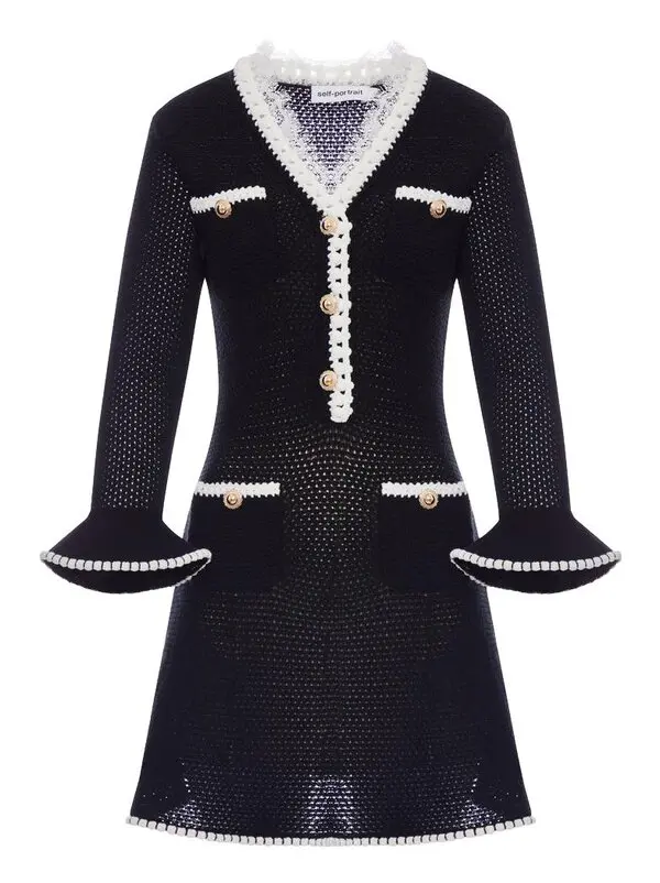 SELF-PORTRAIT Lace Trim Knit Mini Dress - Black
