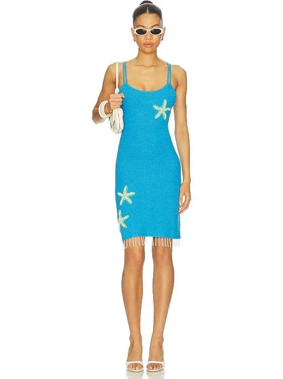 CAPITTANA Marilei Crochet Dress With Starfish Appliqué And Fringe Hem - Blue