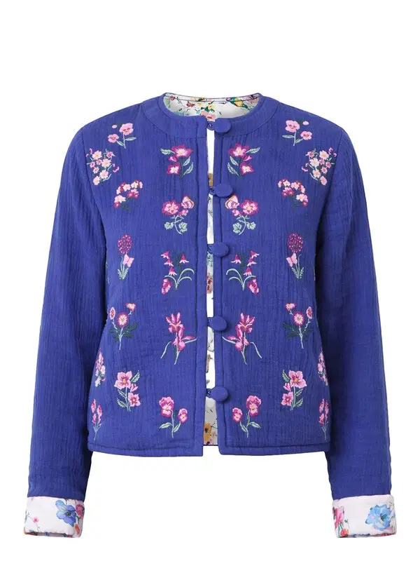 YUMI Floral Embroidered Cotton Jacket - Blue