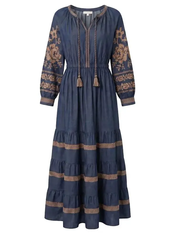ADRIFT CLOTHING Tabitha Embroidered Chambray Maxi Dress - Blue