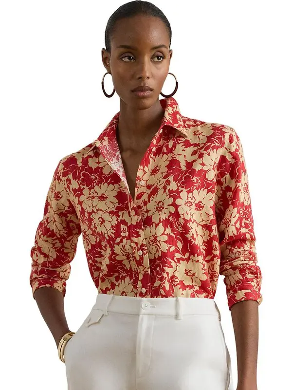 Ralph Lauren Relaxed Fit Floral Linen Shirt - Red/tan
