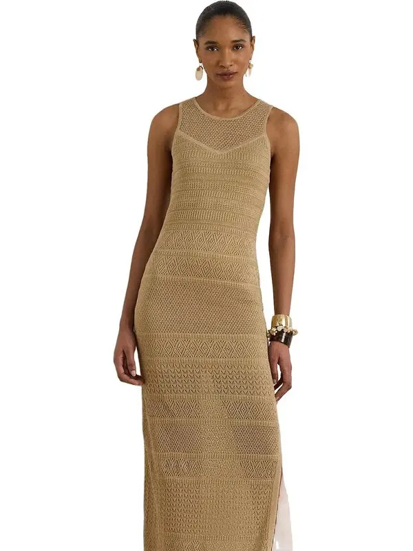 Ralph Lauren Sleeveless Pointelle-knit Gown - Birch Tan Multi