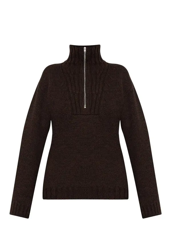 JIL SANDER Ribbed Wool Quarter Zip Sweater - Brown
