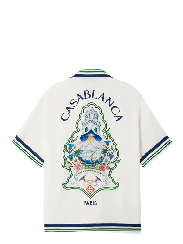 Casablanca White Hotel Emblem Short Sleeve Silk Shirt - Blue