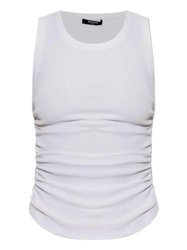 Balmain Ribbed Sleeveless Top With Drawstring Side Detail - White