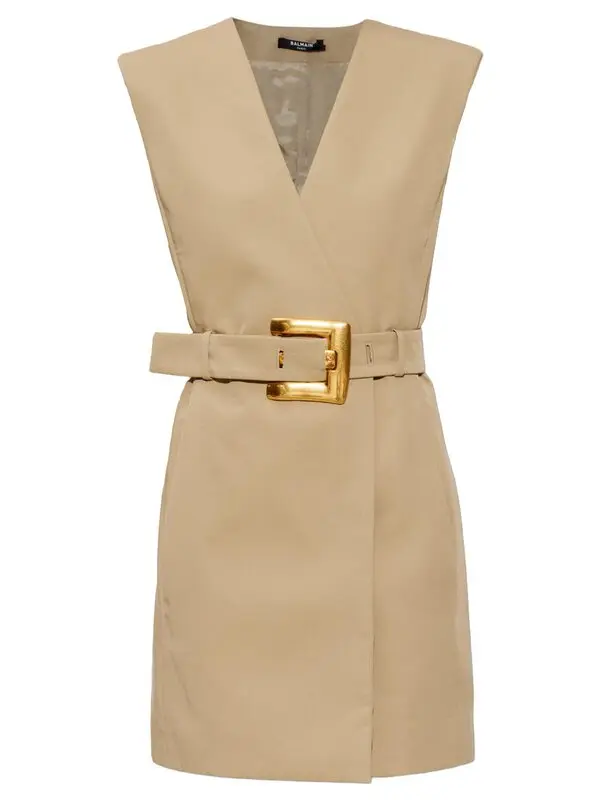 Balmain Sleeveless Mini Dress With Gold Buckle Belt - Beige