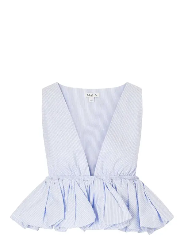 Alaïa Cropped Ruffled Striped Cotton-poplin Blouse - Blue