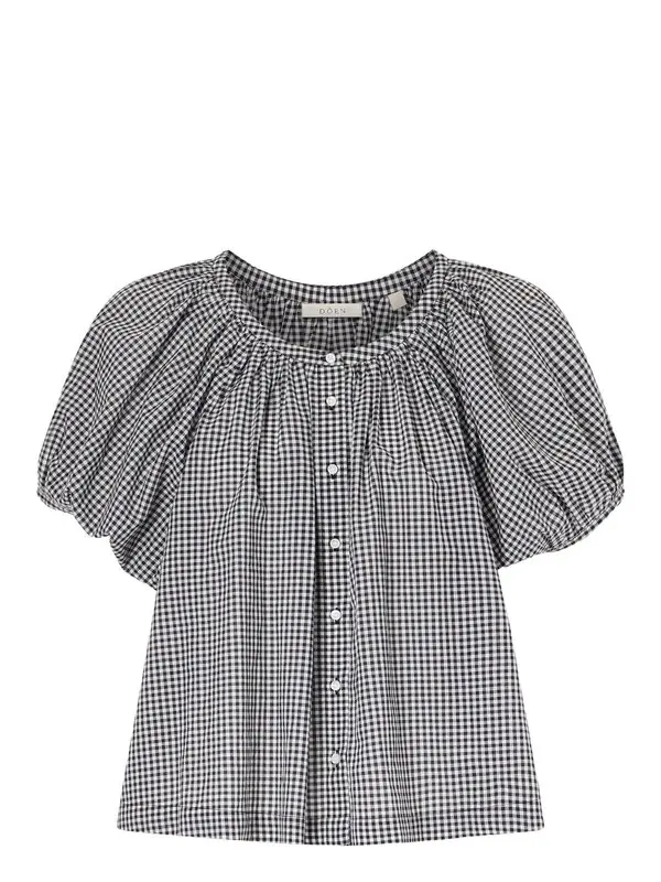 DÔEN June Gathered Checked Cotton Puff Sleeve Blouse - Black