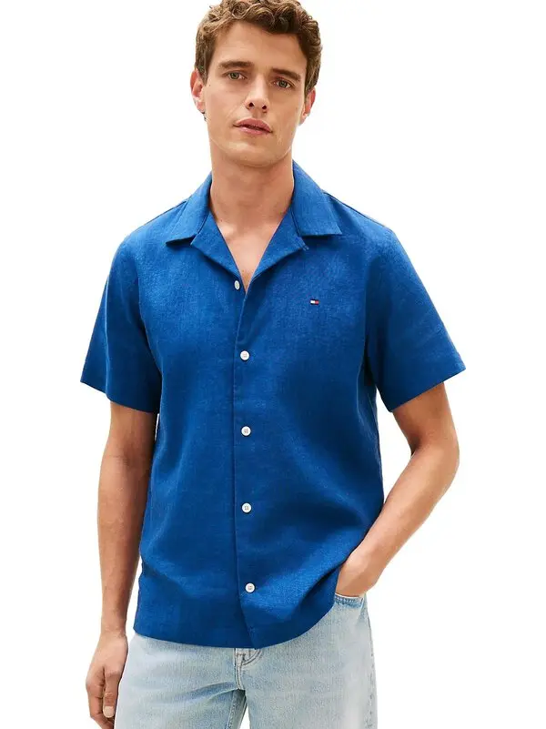 Tommy Hilfiger Regular Fit Linen-blend Camp Shirt - Blue