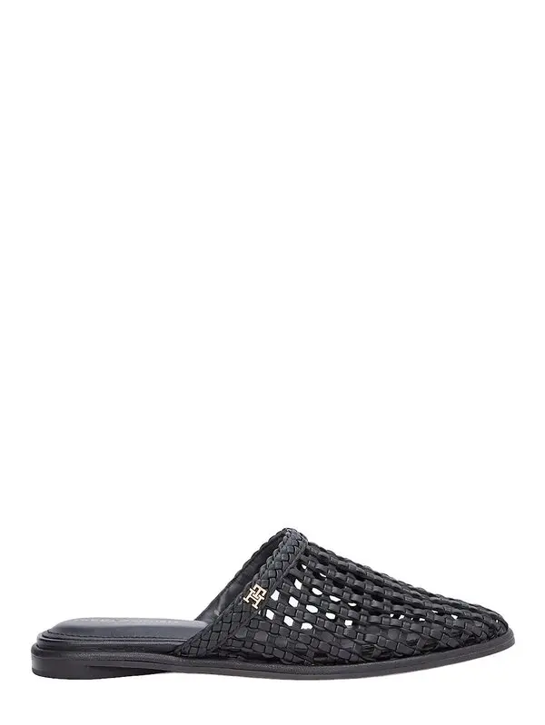 Tommy Hilfiger Woven Open Toe Flat Mules With Monogram Accent - Black