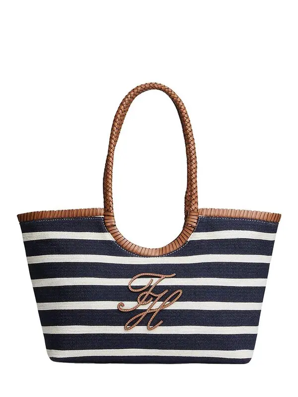 Tommy Hilfiger Script Monogram Breton Stripe Tote Bag - Stripe Blue/cognac
