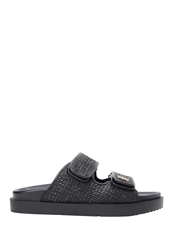 Tommy Hilfiger Raffia Woven Slide Sandals With Adjustable Straps - Black