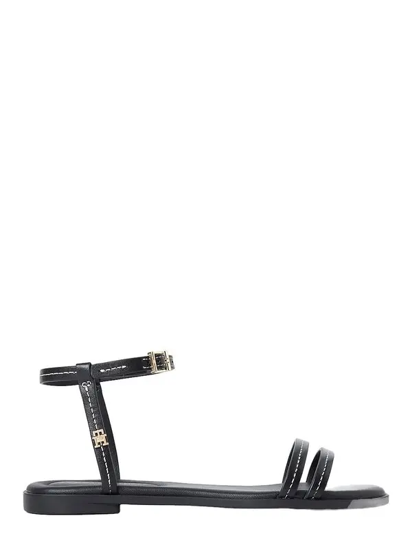 Tommy Hilfiger Flat Leather Sandals With Ankle Strap And Gold Tone Accents - Black