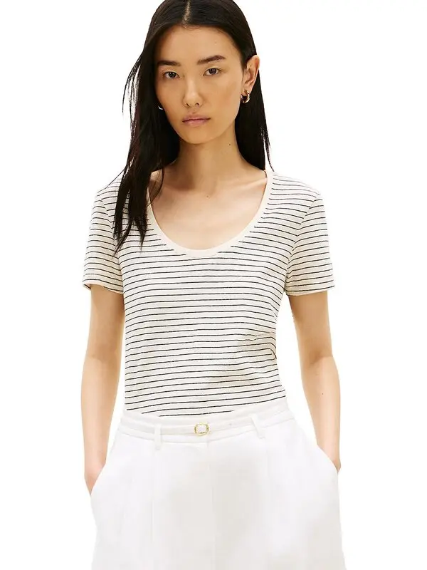 Tommy Hilfiger Striped Linen-blend Scoop Neck T-shirt - Calico / Black Stripe