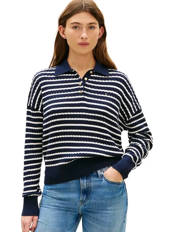 Tommy Hilfiger Relaxed Fit Cable Knit Sweater Polo - Navy/ivory Stripe