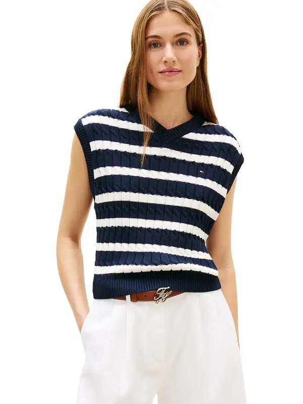 Tommy Hilfiger Cable Knit V-neck Sweater Vest - Navy/ivory Stripe