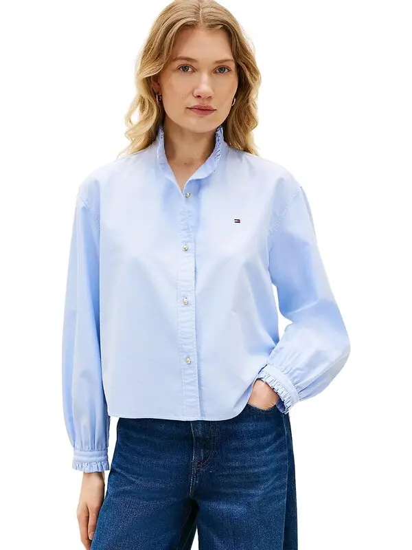Tommy Hilfiger Cropped Ruffle Trim Oxford Shirt - Mid Blue