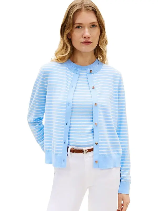 Tommy Hilfiger Crewneck Cardigan With Stripes - Vessel Blue / Ecru Stripe