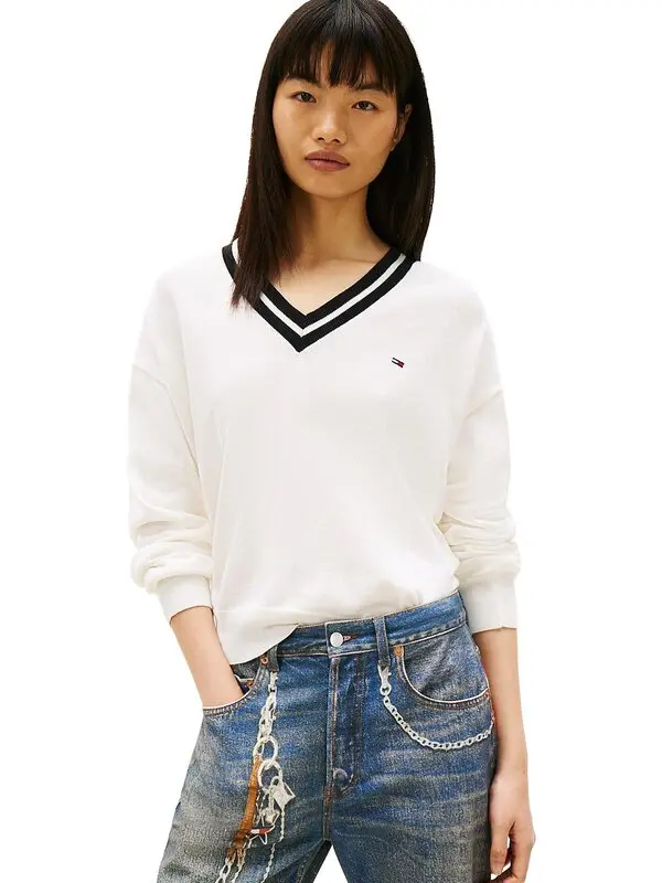 Tommy Hilfiger Relaxed Fit V-neck Sweater - Ancient White