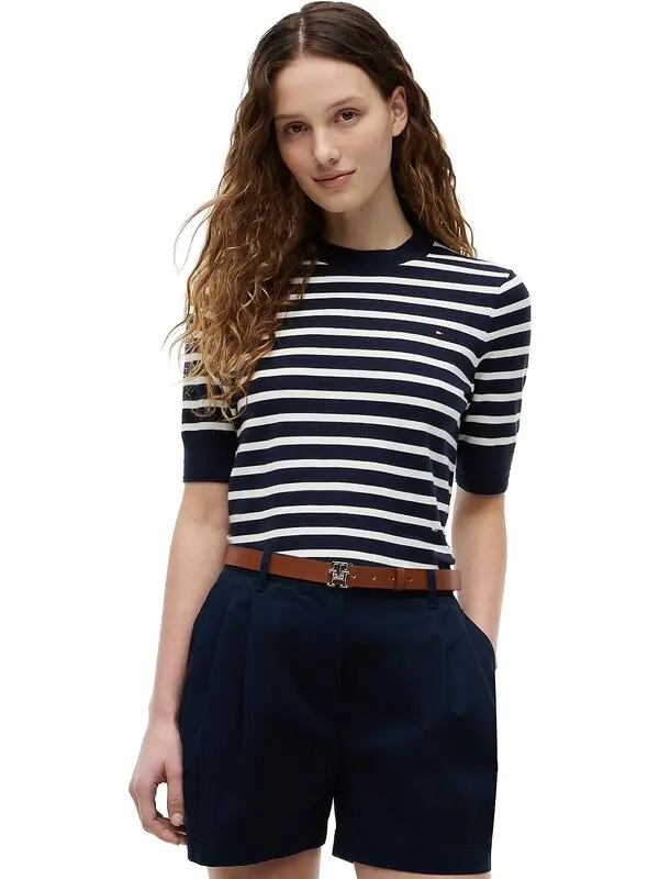 Tommy Hilfiger Striped Short Sleeve Crewneck Sweater - Navy/ivory Stripe
