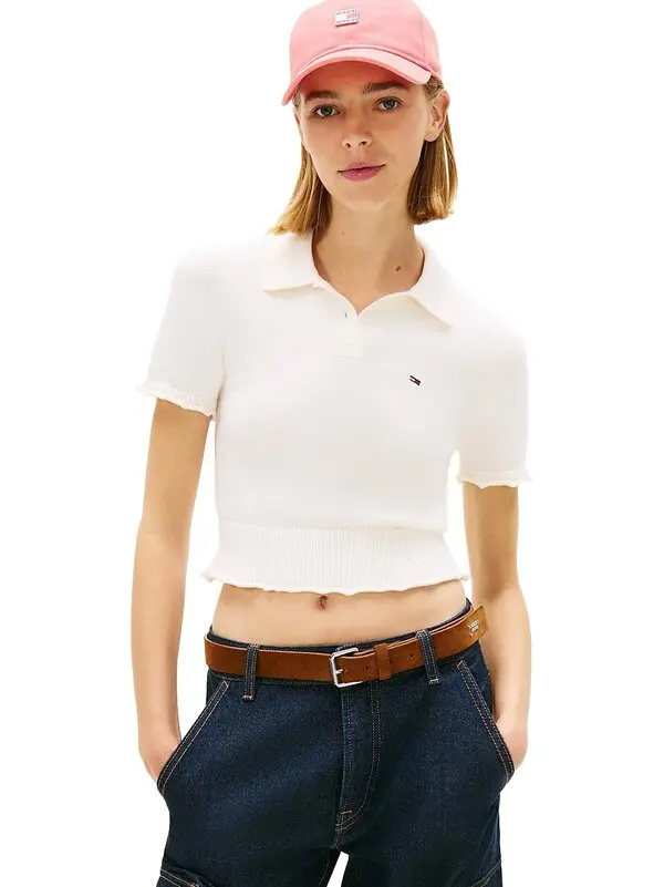 Tommy Hilfiger Cropped Lettuce-trim Polo Sweater - Ancient White