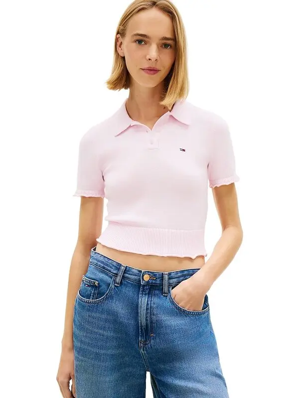 Tommy Hilfiger Lettuce-trim Cropped Sweater Polo - Pearly Pink