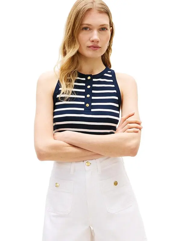 Tommy Hilfiger Striped Henley Tank Top With Gold-tone Buttons - Navy/ecru