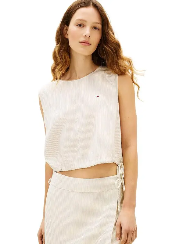 Tommy Hilfiger Sleeveless Linen-blend Top With Adjustable Side Ties - White Clay / Stripe