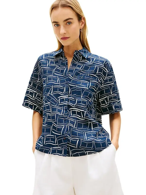 Tommy Hilfiger Short Sleeve Printed Linen Shirt - Navy